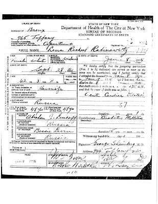 Ruby Family History Project: Lena Lincoff Rabinowitz death certificate