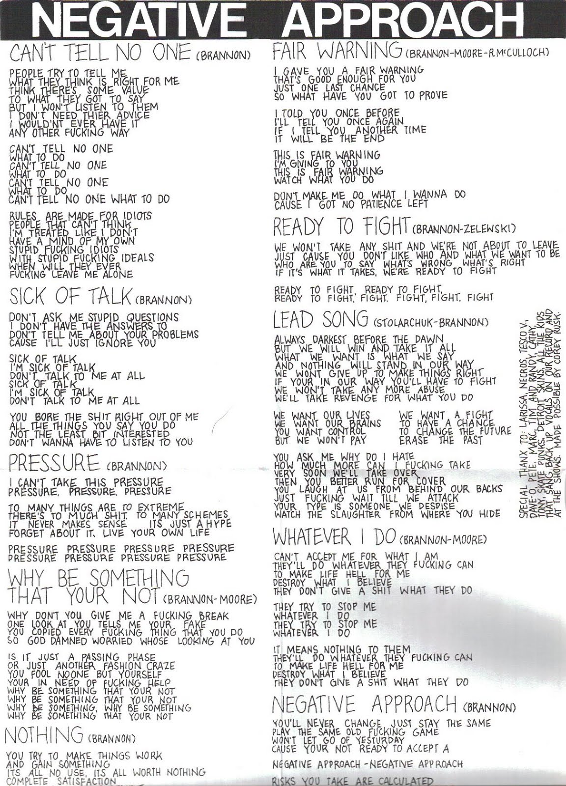 LYRIC SHEETZ: Negative Approach S/T 7" EP