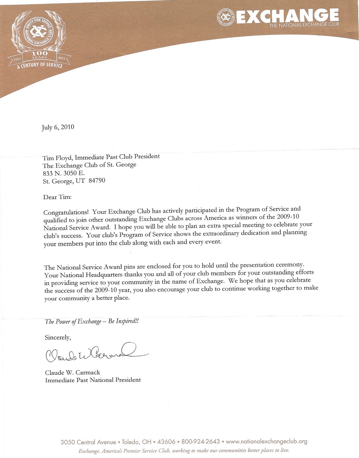 St George Exchange Club: National Service Award