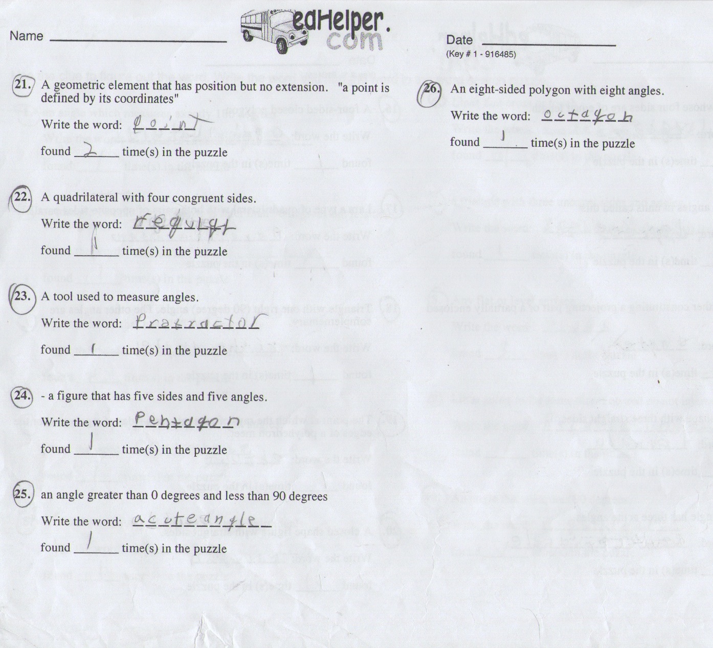 Mr. Bishop Goes back to school: Completed Word Search- Lower Quality