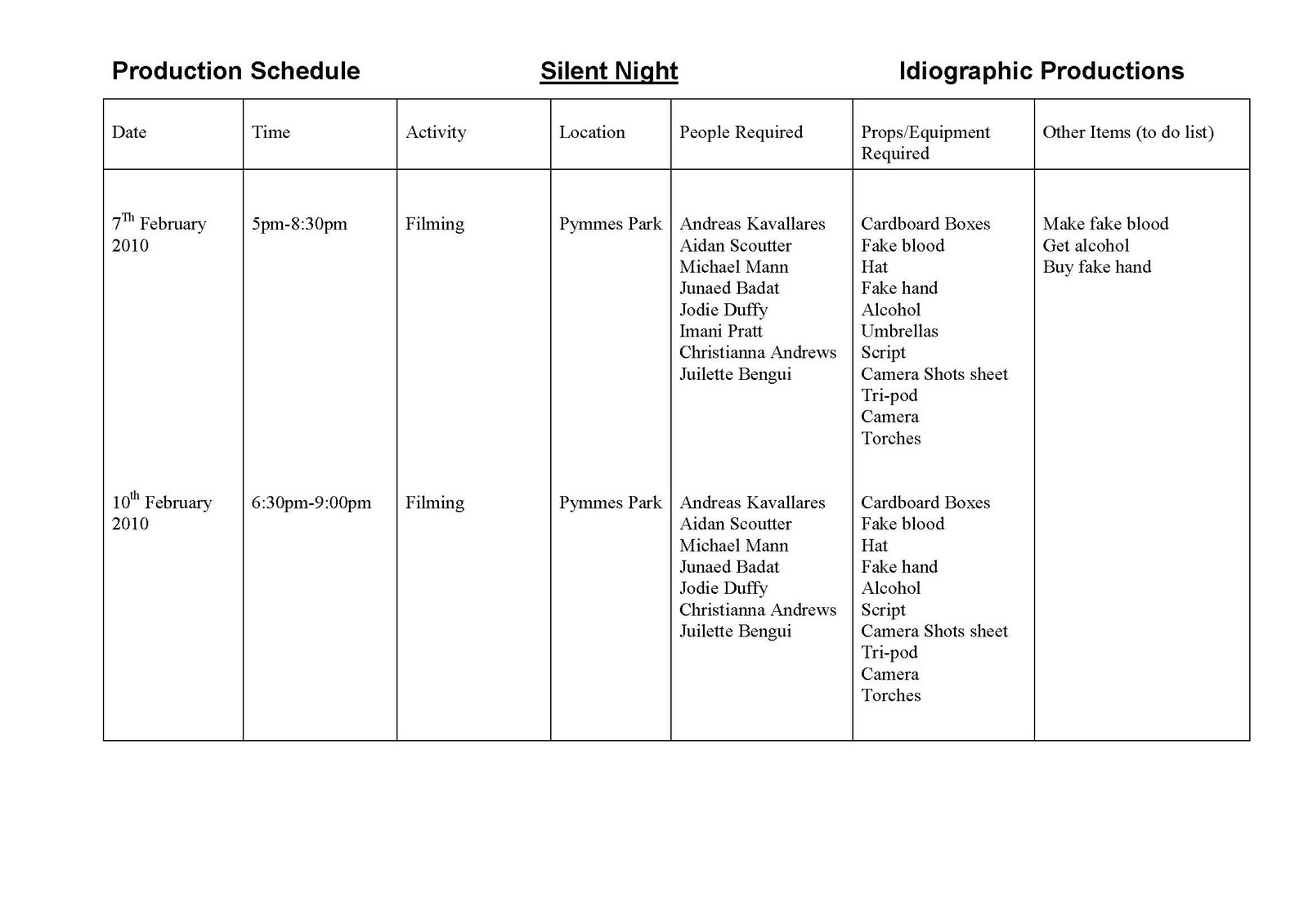 jduffystannes: Production Schedule
