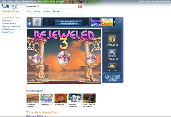 Bing UK adds playable casual games into search results