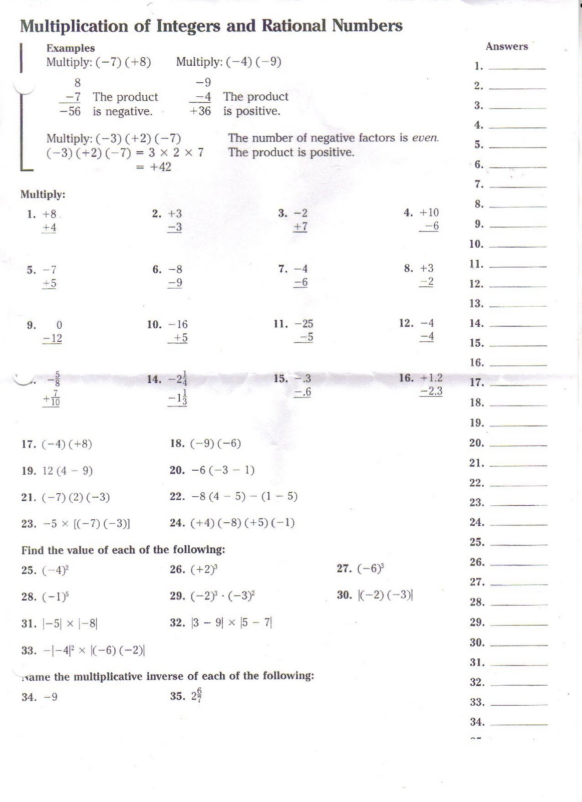 6th Grade Topics: Multiplication of Integers and Rational Numbers