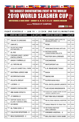 BANTAY-SABONG: 2010 WORLD SLASHER CUP - JAN. 10 - DAY 2 - FIGHT SKED