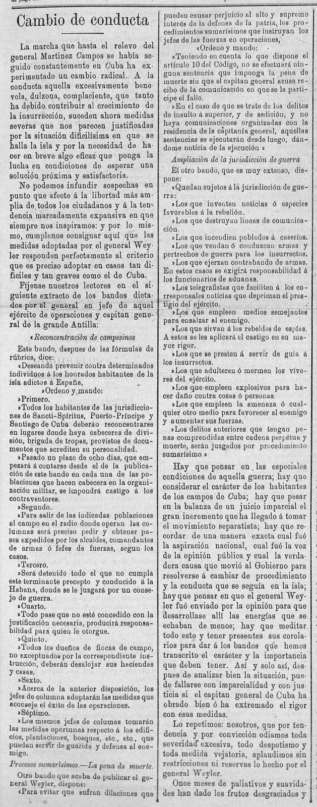 Hojas de prensa para la historia de Cuba.: Valeriano Weyler ordena la ...