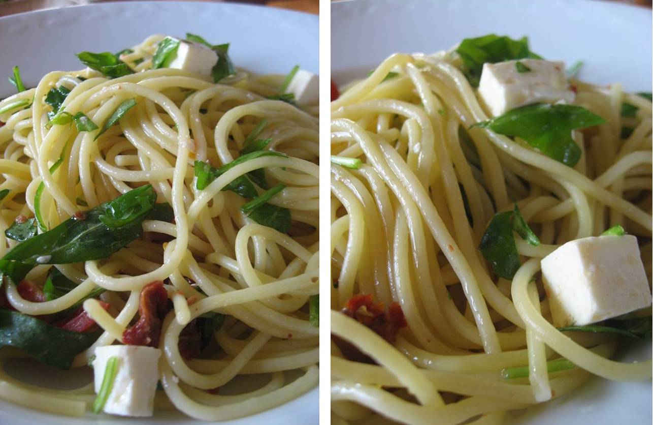 Summer Spaghetti with Feta Cheese, Arugula and Tomatoes