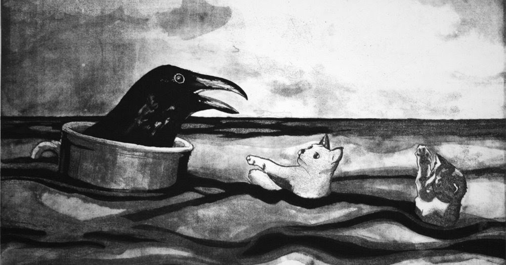 Johnny King Art: Cats and Crow (Intaglio)