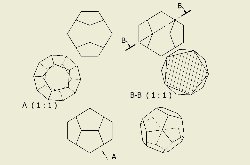 Piezas, vistas y cortes 15: poliedros.: Dodecaedro y su sección ...