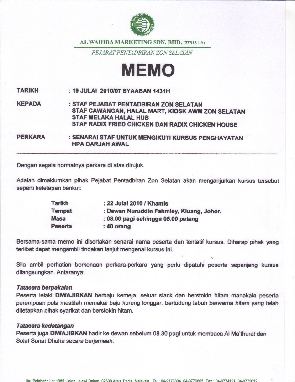 PEJABAT OPERASI ZON SELATAN: MEMO HEBAHAN KURSUS PENGHAYATAN STAF HPA ...