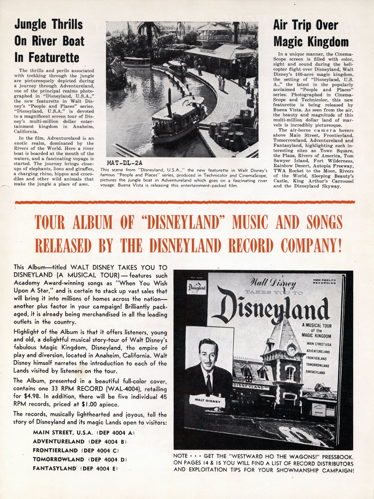 Vintage Disneyland Tickets: Disneyland U.S.A. - People and Places Ad Sheets