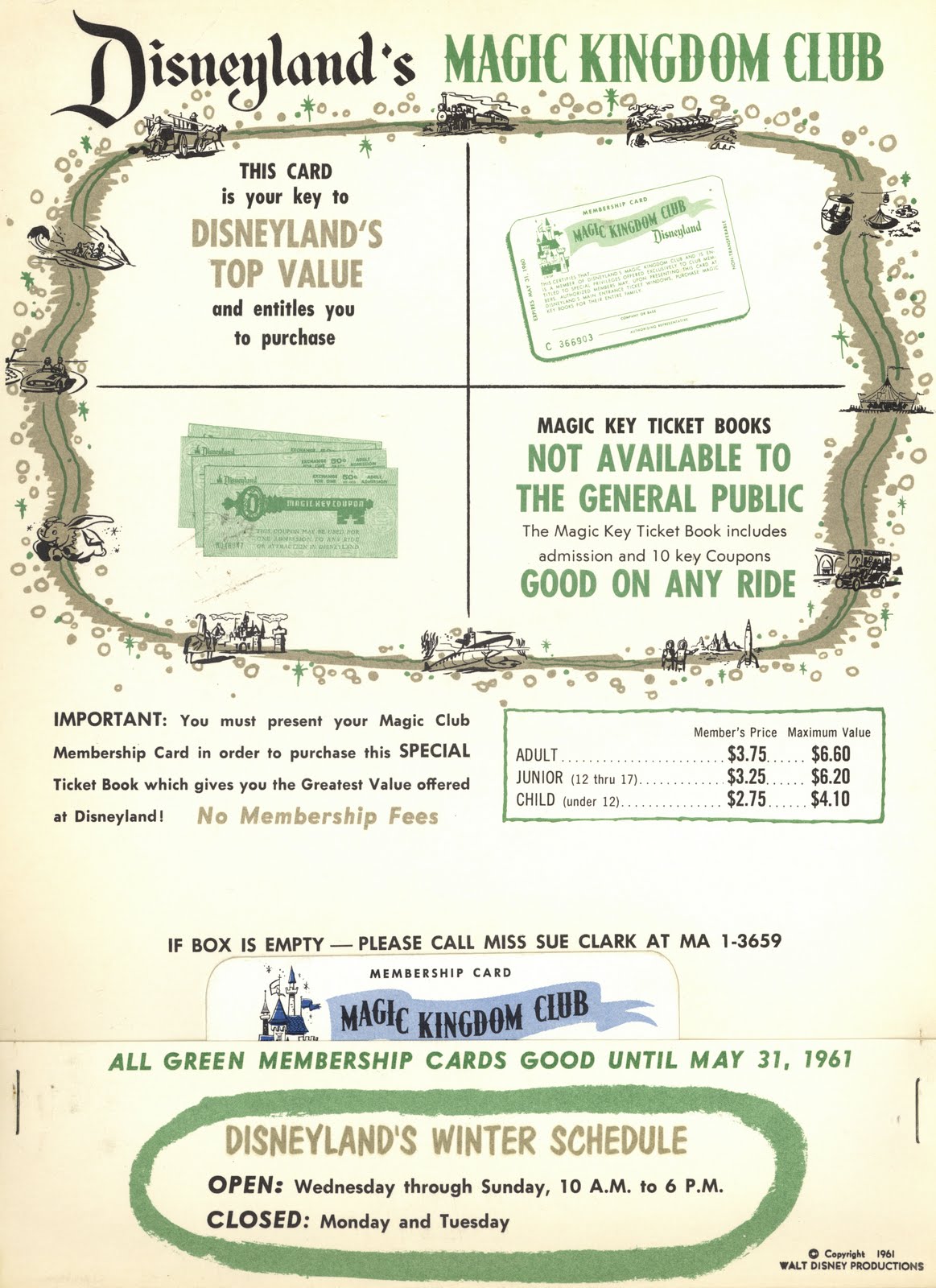 Vintage Disneyland Tickets: Disneyland's Magic Kingdom Club - 1961