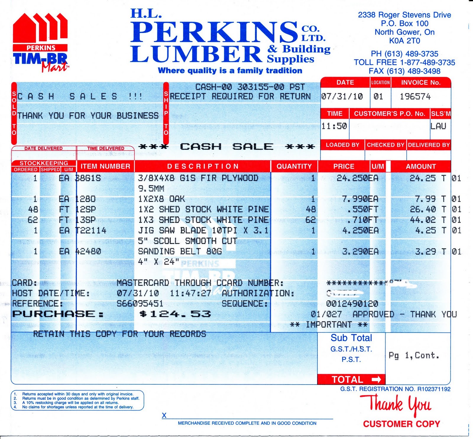 Building the PBK 18 Kayak: Invoice for plywood, lumber and some hardware