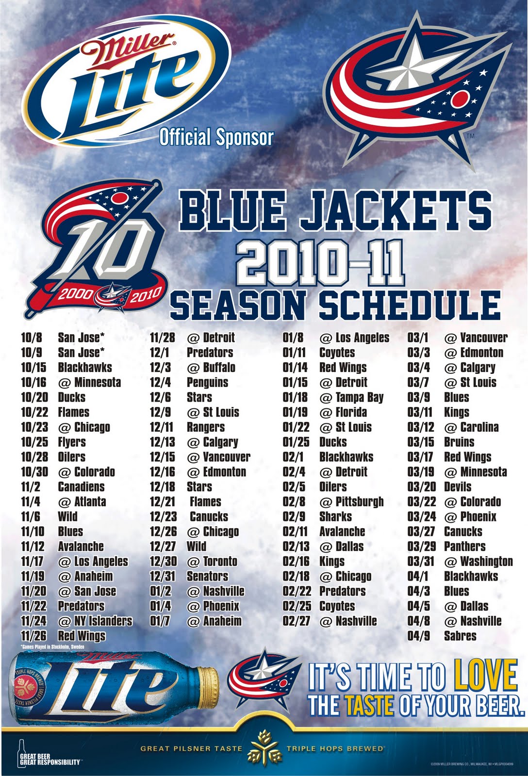 Black Sunshine: CBJ/Miller Lite Schedule