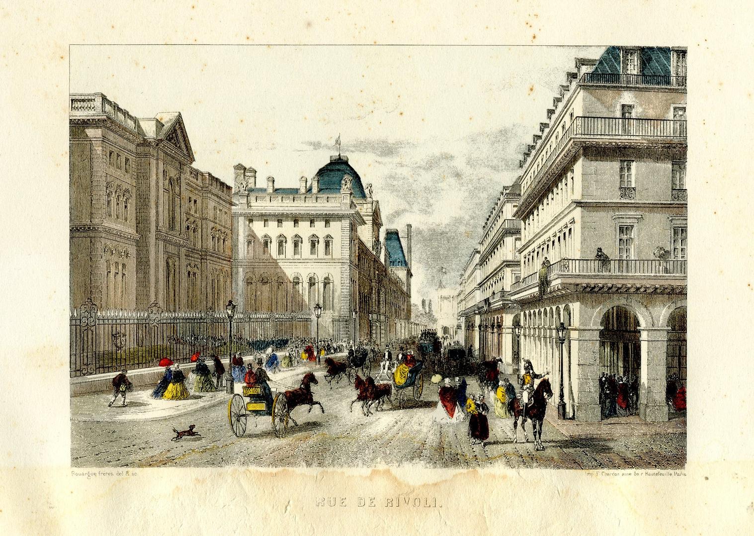 velharias: Rue de Rivoli, gravura pelos irmãos Rouargue
