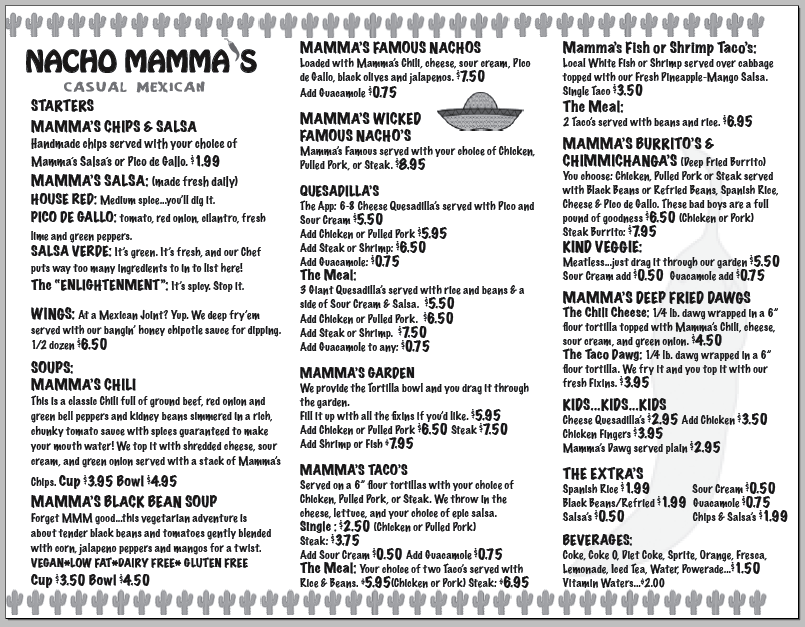 pb update: Nacho Mamma's menu