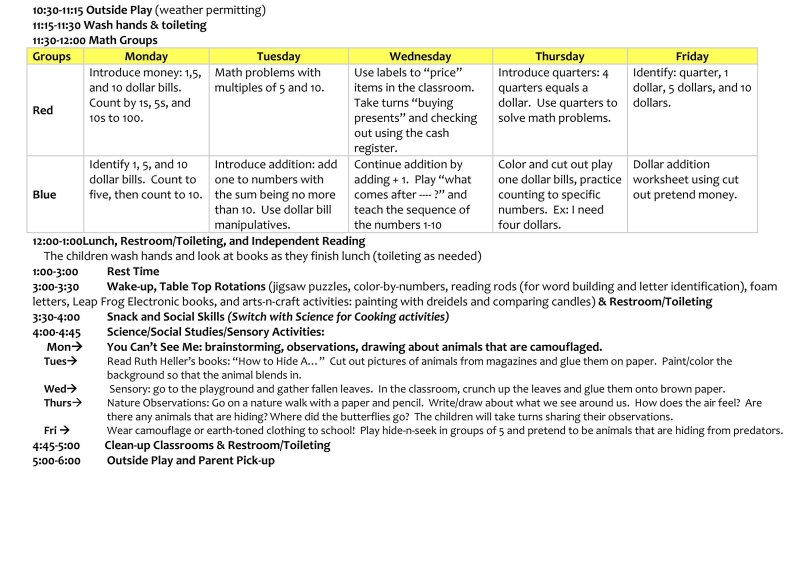 Turtle Class: Lesson Plan for November 30th - December 4th