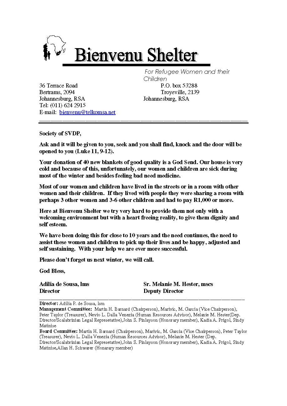 St Vincent de Paul, Bryanston: Letter from Bienvenu Shelter