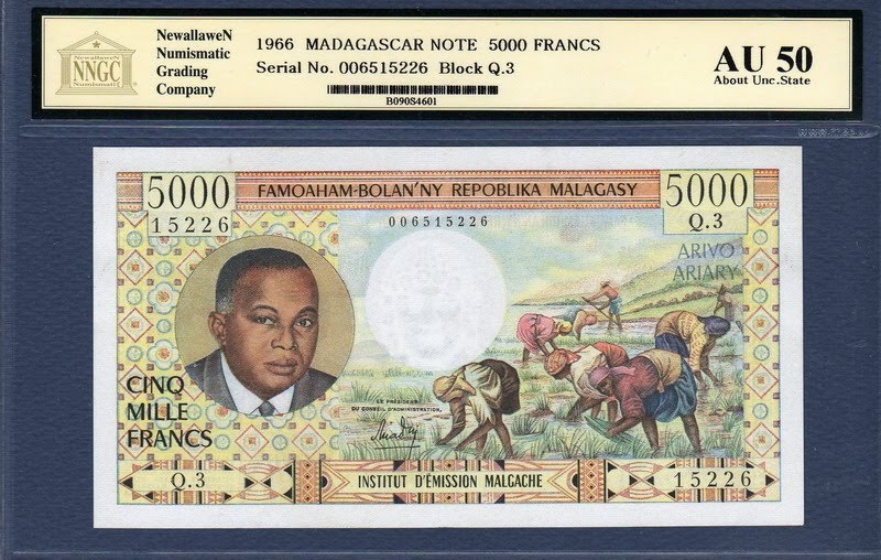 Madagascar banknotes 5000 Malagasy Francs = 1000 Ariary banknote 1966 ...