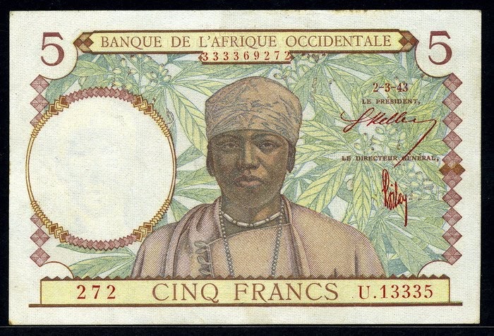 French West Africa 5 Francs banknote of 1943|World Banknotes & Coins ...