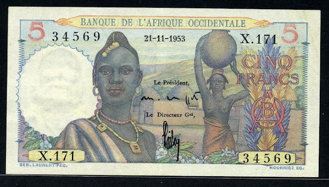 French West Africa banknotes 5 Francs banknote of 1953|World Banknotes ...