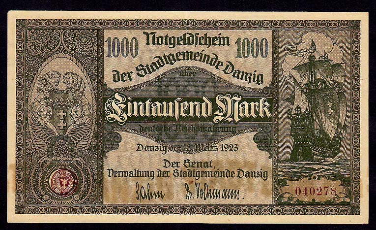 Danzig Banknotes 1000 Marks note 1923 Hanseatic galleon|World Banknotes ...