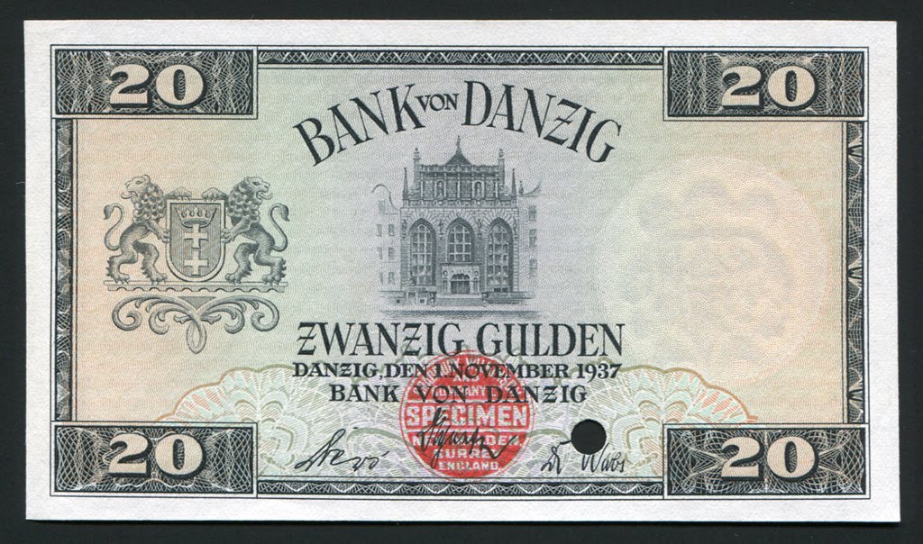 Danzig banknotes 20 Gulden banknote of 1937 Bank von Danzig|World ...