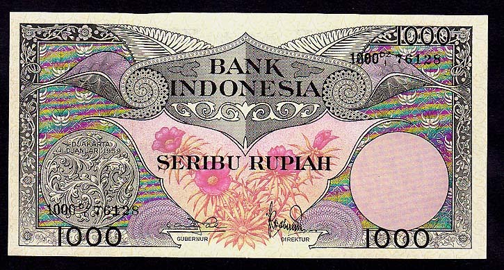 Indonesia paper money 1000 Rupiah note of 1959 Jasmine flower & Bird of ...