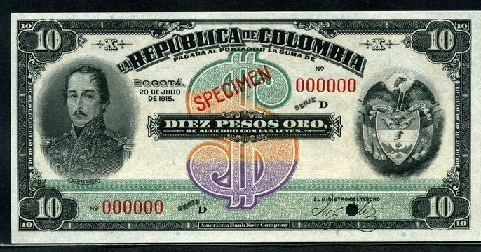 Colombia currency 10 Pesos Oro banknote of 1915 General Santander|World ...
