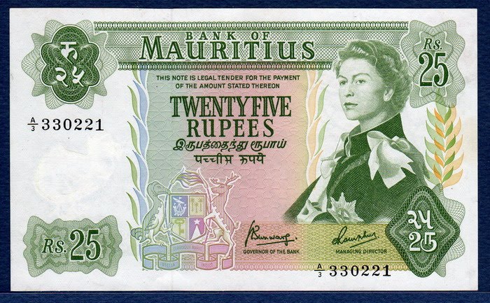 Mauritius banknotes 25 Rupees note 1967 young Queen Elizabeth II|World ...