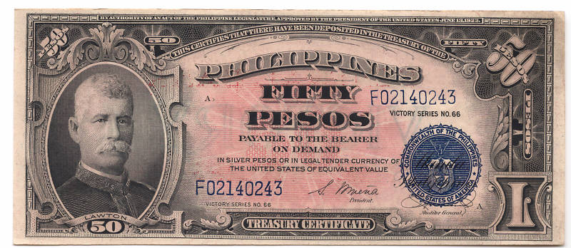 US Philippines 50 Pesos Victory banknote, General Lawton - Treasury ...