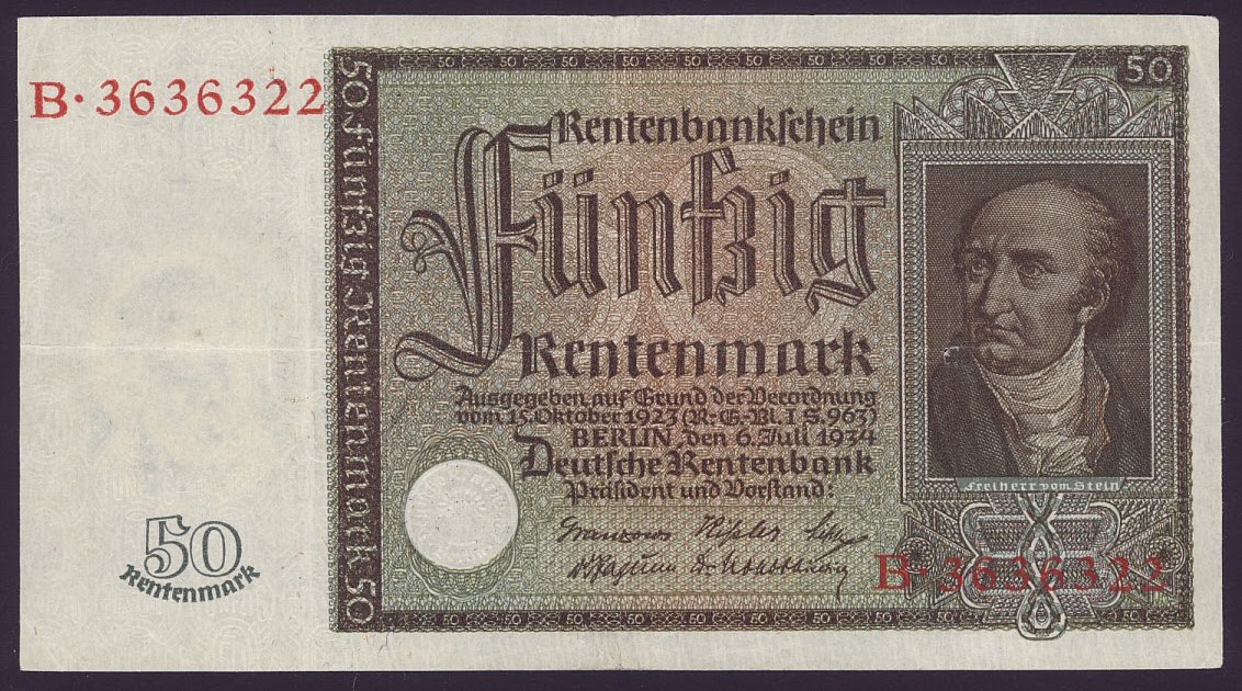 German banknotes 50 Rentenmark banknote 1934 Freiherr vom Stein|World ...