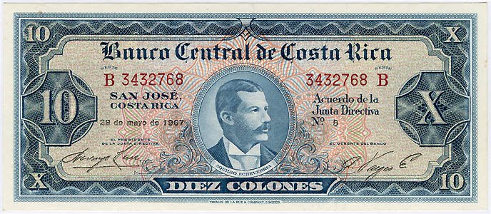 Costa Rica banknotes 10 Colones banknote of 1967|World Banknotes ...