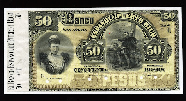 Banknotes of Puerto Rico 50 Pesos banknote of 1894 Banco Español de ...