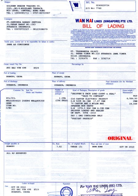 PT. SAMUDERA BAHARI SENTOSA: Contoh Dokumen B/L