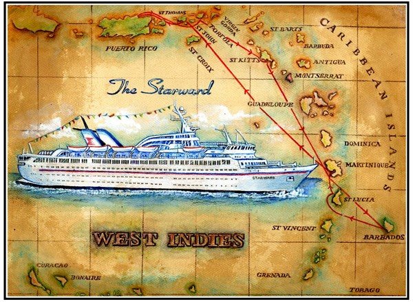 Painted vintage Cruise Ship itinerary maps by artist Robert Hummel