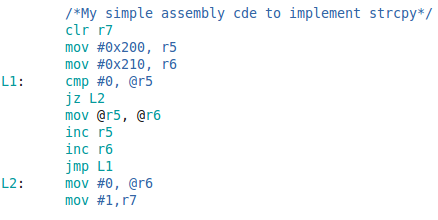 Omal Bastin: My assembly code to implement 'strcpy' and 'strcmp' in MSP430
