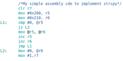 Omal Bastin: My assembly code to implement 'strcpy' and 'strcmp' in MSP430