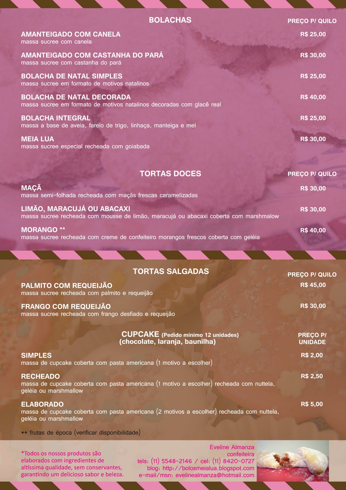 BOLOS MEIA LUA: TABELA PREÇOS DE TORTAS E BOLACHAS