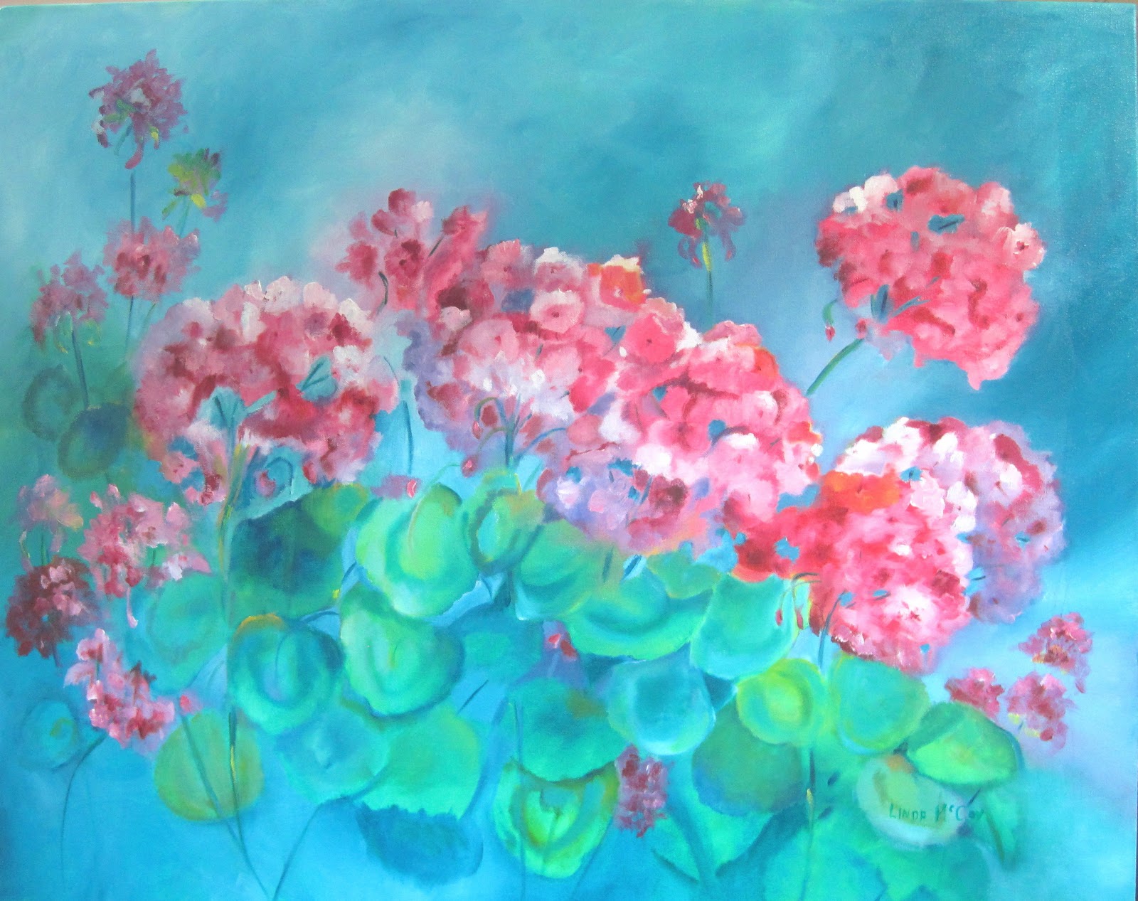 Linda McCoy: Geraniums, Oil Painting by Linda McCoy