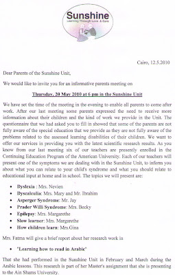 Sunshine News: Letter to Parents: Invitation for Parents Meeting