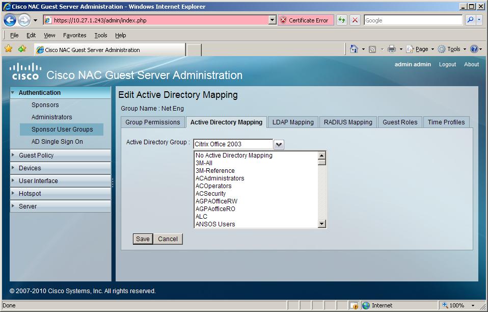 Web Maxtor: Cisco NAC guest server AD sponsor group mapping