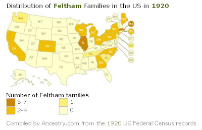 J.W. Feltham: Feltham Family Distribution in USA (1920)