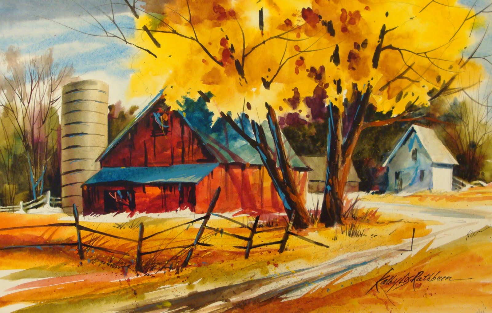 Kathy Los-Rathburn, watercolorist: Fall Barn II - step-by-step