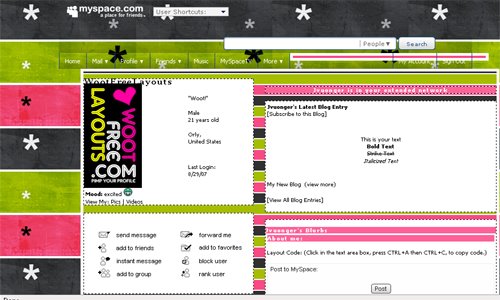 glitter graphic layout: unique myspace layout