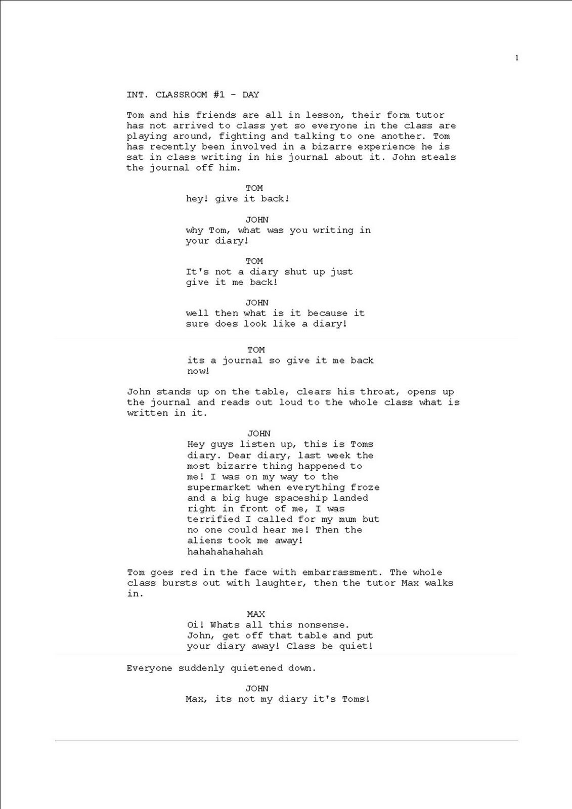 Vanessa Hartney BTEC Media Assignment IG2: My First Draft Script