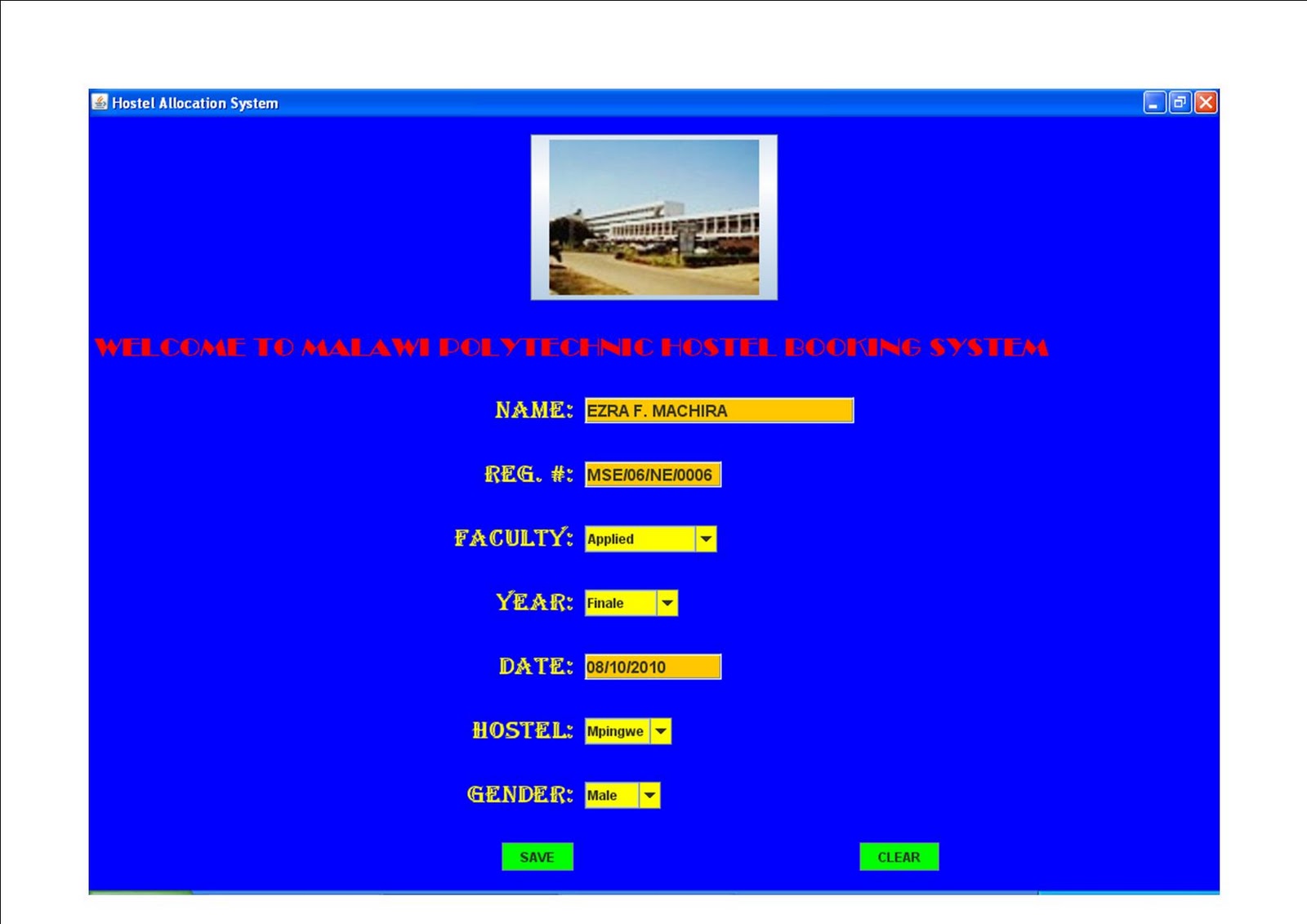 Ezra F, Machira: HOSTEL BOOKING SYSTEM INTERFACE- EZRA MACHIRA