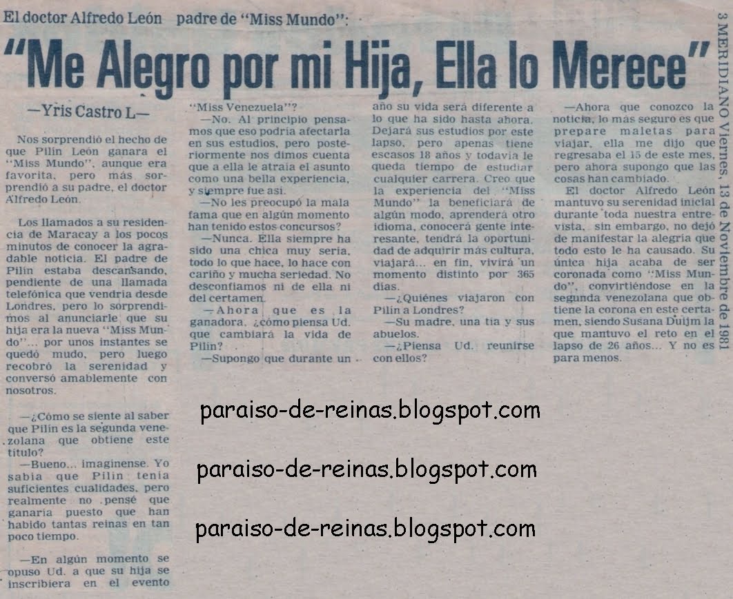 Venezuela: un Paraíso de Reinas: Pilín León, nuestra Miss Mundo 1981
