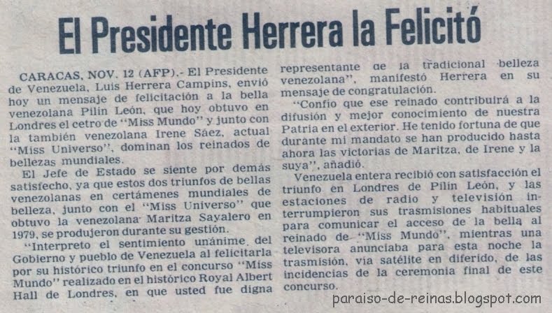 Venezuela: un Paraíso de Reinas: Pilín León, nuestra Miss Mundo 1981