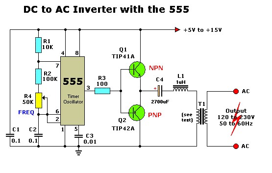 DC to AC Inverter with ic 555 ~ Kumpulan Skema Elektronika