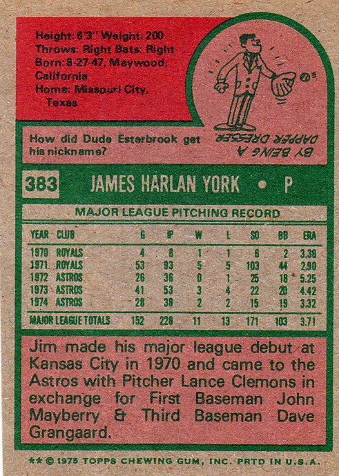 1975 Topps (it's far out, man): #383 - Jim York